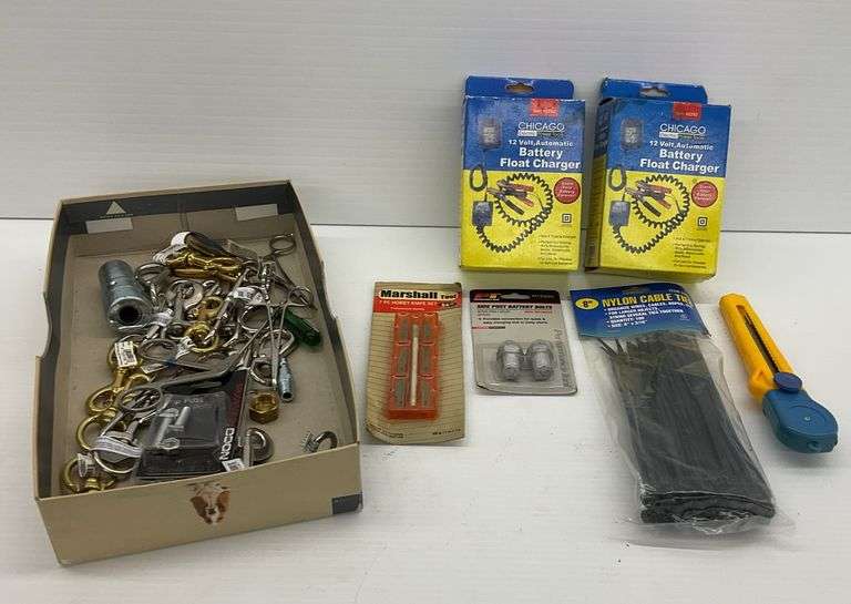 Assorted Hardware Lot with Battery Float Chargers, Cable Ties, and More ...