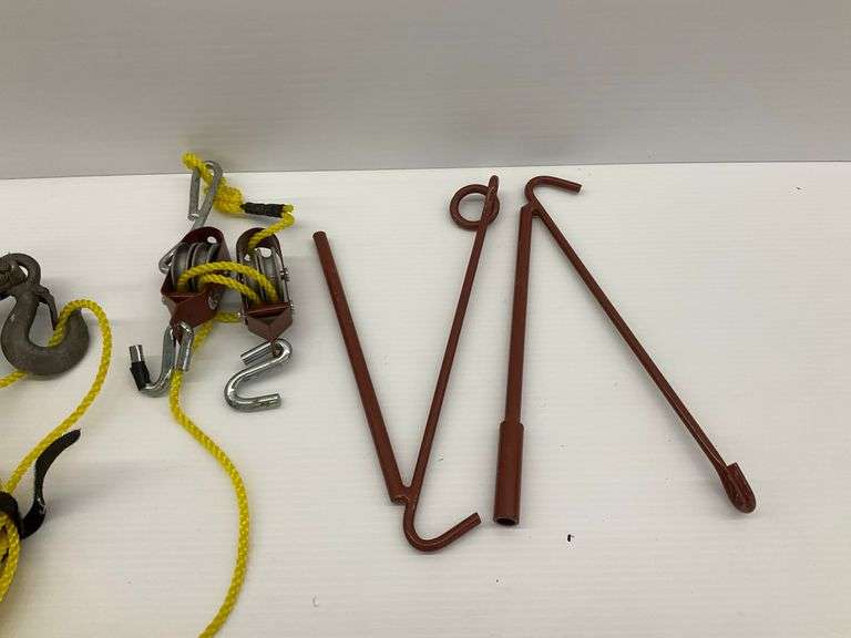 Assorted Lot of Ratchet Puller, Pulley Blocks, and Ground Rod Driver ...