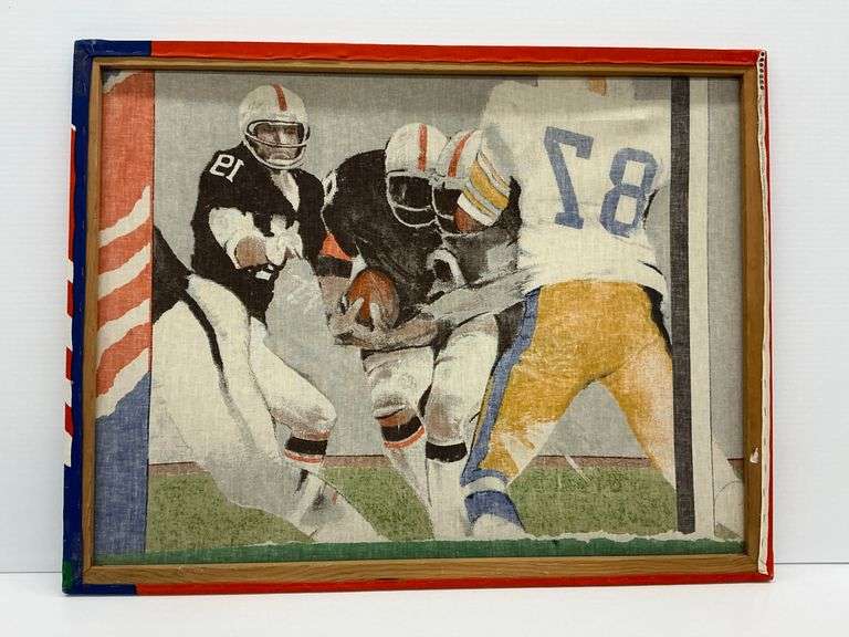 Framed Football Players Textile Art...35 x 44 in. - Beloit Auction & Realty