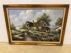 Rik Boren Framed Painting on Canvas - Thatched Cottage Scene, Has ...