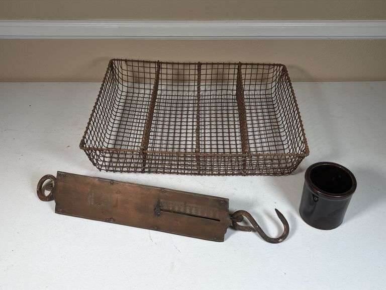 (3) Wire crate, scale, mini crock - Aumann Auctions, Inc.