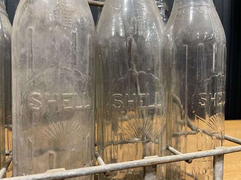 (10) Shell Embossed Glass Oil Bottles with Carrier - Aumann Auctions, Inc.
