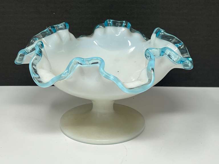 LR… Beautiful art glass compote with blue ruffled edge trim, believed ...