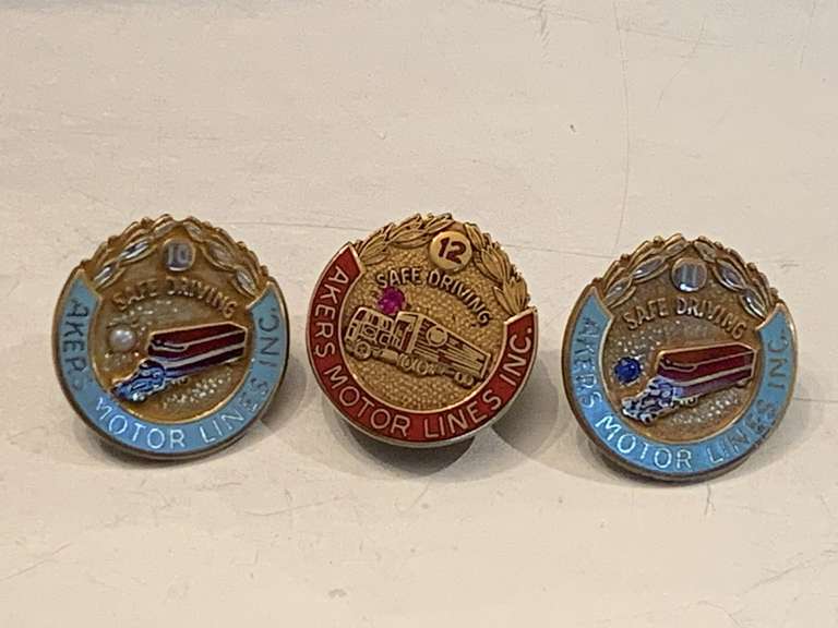 THREE 10K GOLD SERVICE PINS WITH STONES FROM AKERS MOTOR LINES - L.W ...