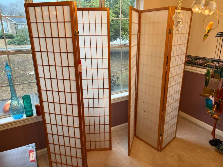 DEN… Three panel room dividers, two sets, believed to be Maplewood and ...