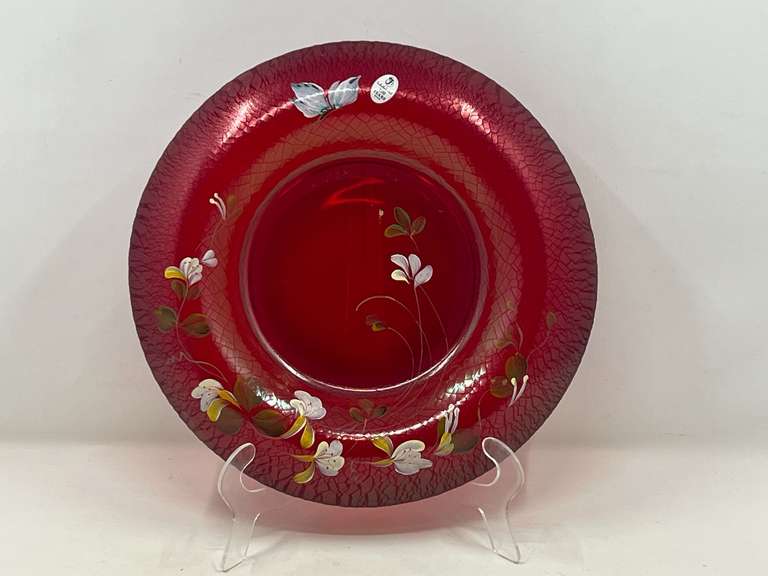 MAIN… Beautiful Fenton hand painted Ruby red base plate, comes with ...