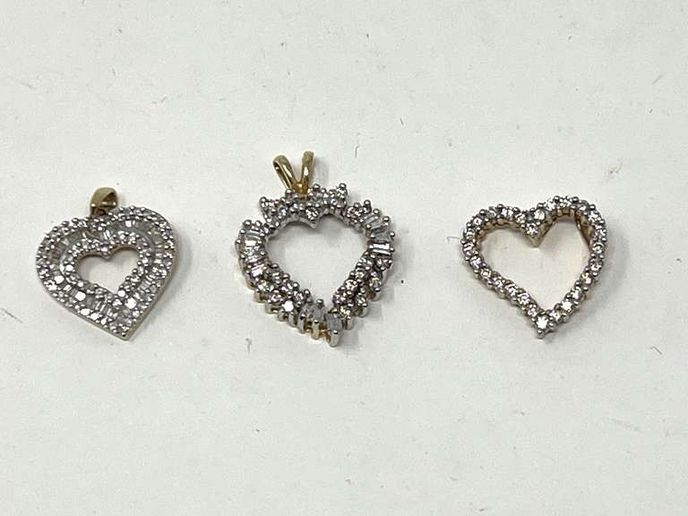 Beautiful ladies heart pendants, three pieces, all are stamped 14 K ...