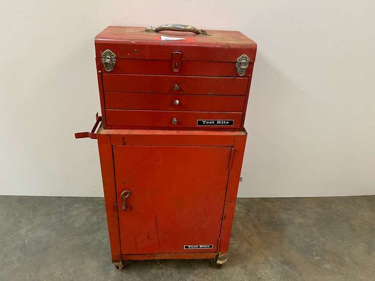 Two-piece Test Rite rolling toolbox with assorted hand tools to include ...