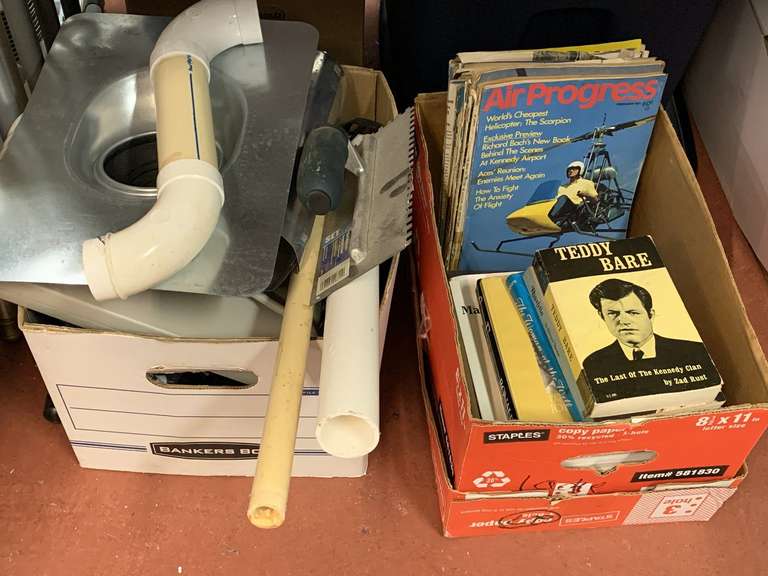 BOX OF ASSORTED ELECTRICAL WIRES, MODEM, VINTAGE AIR PROGRAM MAGAZINES ...