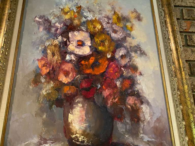 LR… Lovely, ornately framed still life, oil on canvas with floral motif, this painting is quite ...