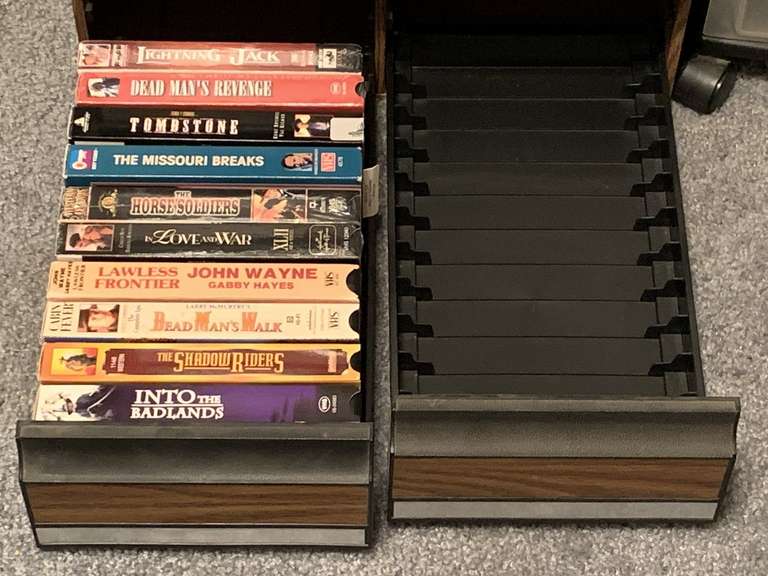VHS STORAGE CONTAINER FULL OF 10 WESTERN VHS MOVIES 17" WIDE X 15" DEEP ...