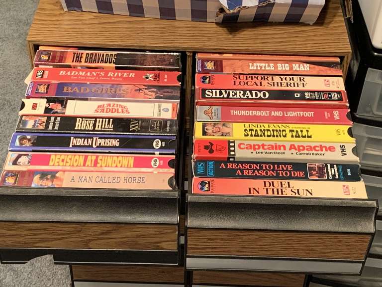 VHS STORAGE CONTAINER FULL OF 24 WESTERN VHS MOVIES 17" WIDE X 15" DEEP ...