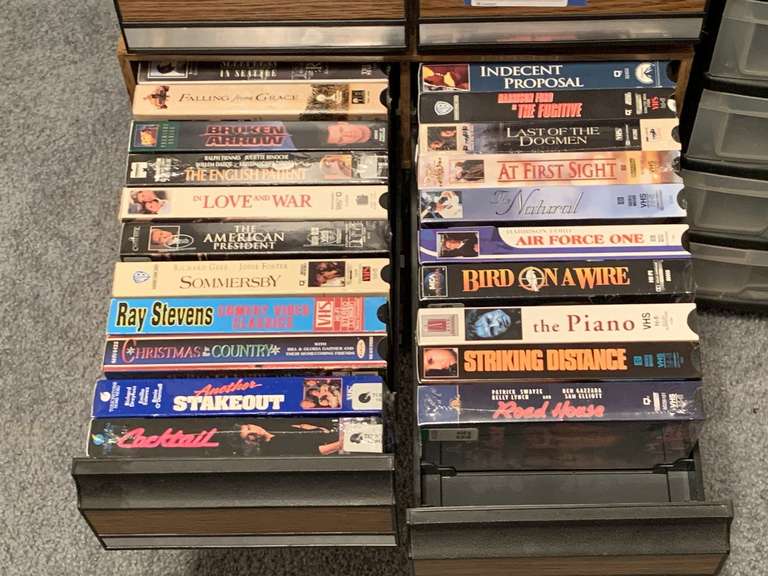 2 VHS STORAGE CONTAINERS FULL OF 22 AND 24 VHS MOVIES 17" WIDE X 15 ...