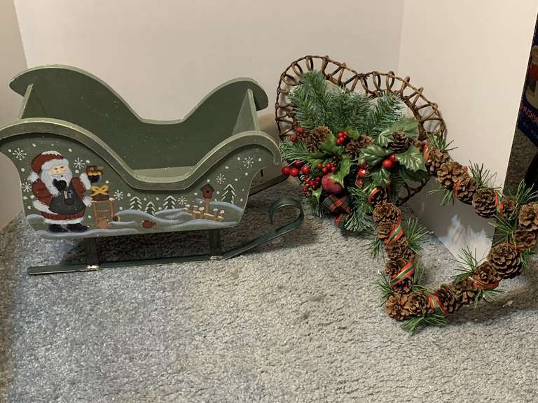 LARGE HAND PAINTED WOODEN SLEIGH WITH METAL RAILS 17" LONG X 11" TALL X ...