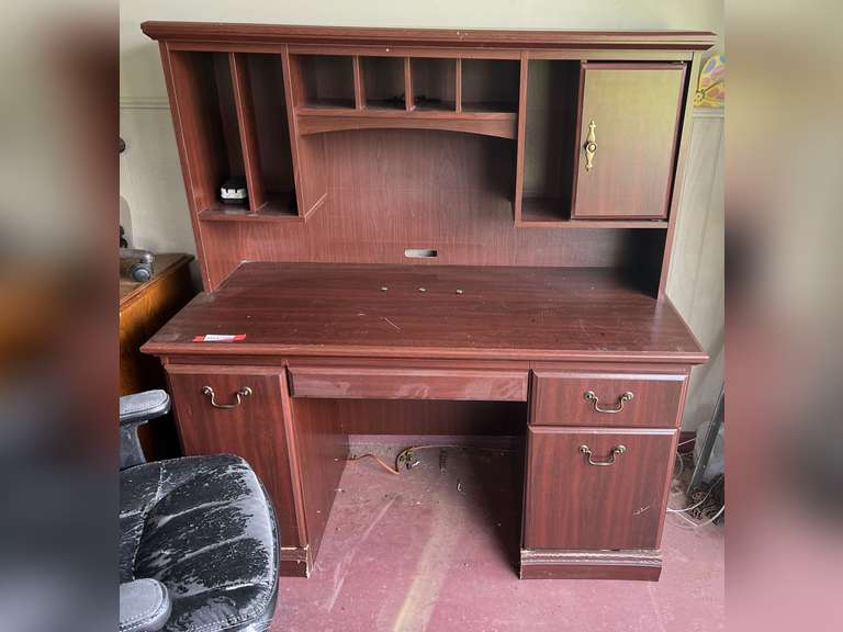 Garage… Computer desk with divided hutch, some of the veneer is peeling ...
