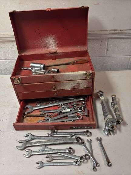 Test Rite Red Metal Toolbox with Assorted Wrenches and Sockets - Ford ...