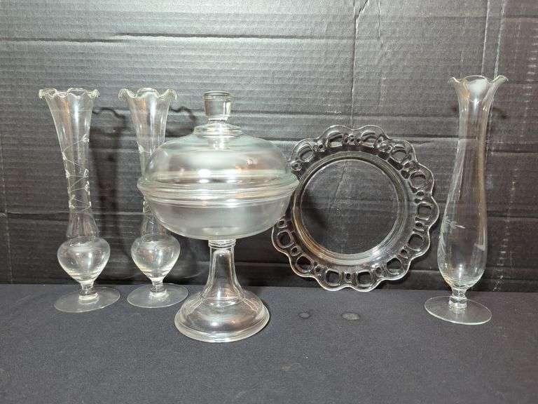 Clear Glass Vases, Plate and Compote Set - Ford Brothers, Inc.