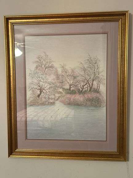 Patsy Hampton Framed Swan and Floral Print, Signed - Ford Brothers, Inc.