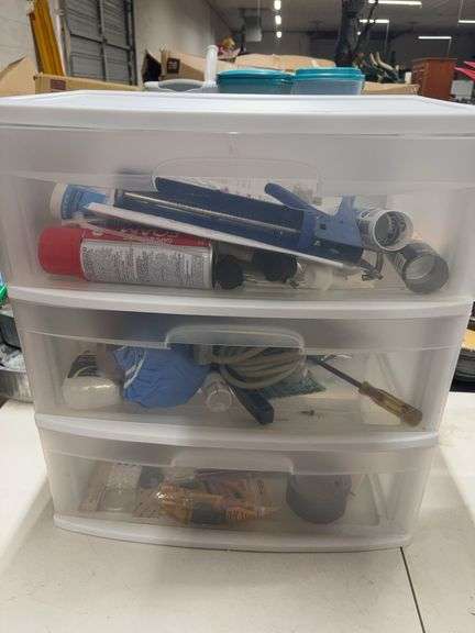 STORAGE CONTAINER, CAULK AND CAULK GUN, FOAM, WALL COVERS, TAPE, POWER ...