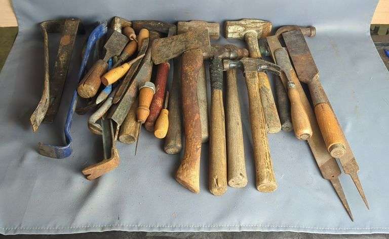Hand Tool Assortment, Includes Pry Bars, Files, Hammers, Sledge, Awl ...