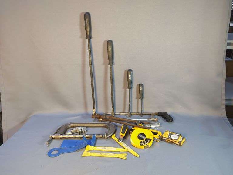 Braker Bars, Various Sizes, 8" C-Clamp, Roe 100' Fish Tape, Hack Saw ...