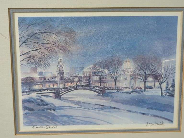 J. R. Hamill "Plaza Snow" Framed And Matted Under Glass Watercolor ...