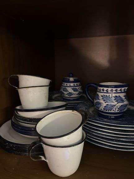 Blue/ white dishes, granite ware cups/ saucers - Curran Miller Auction ...
