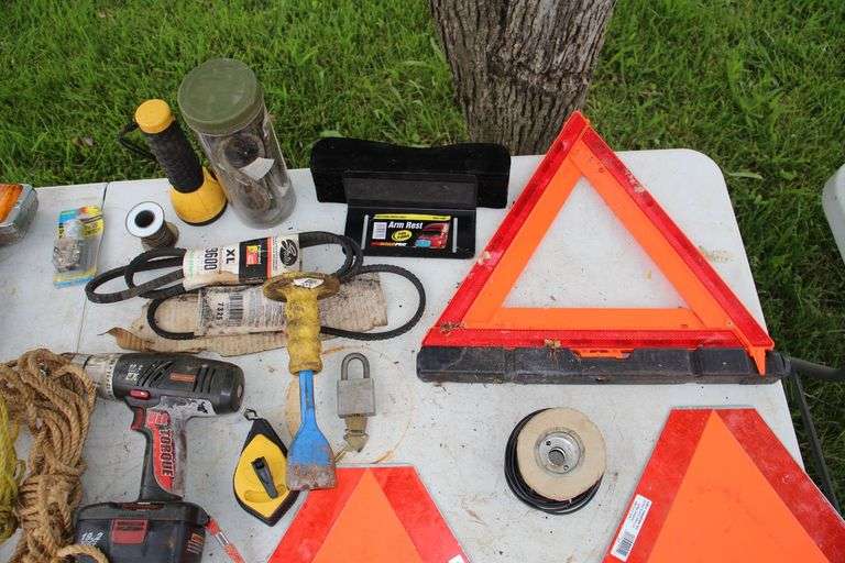 (2) Caution Signs, Folding Caution Sign, Bungee Cords, Chisels ...