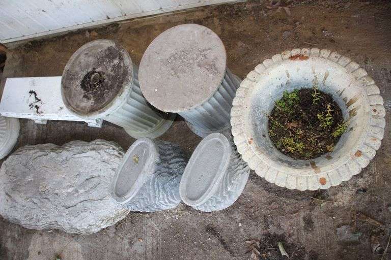 Concrete Bench, (2) Plant Stands, Small Outdoor Bench, Concrete Flower Pot, and Plastic Flower ...