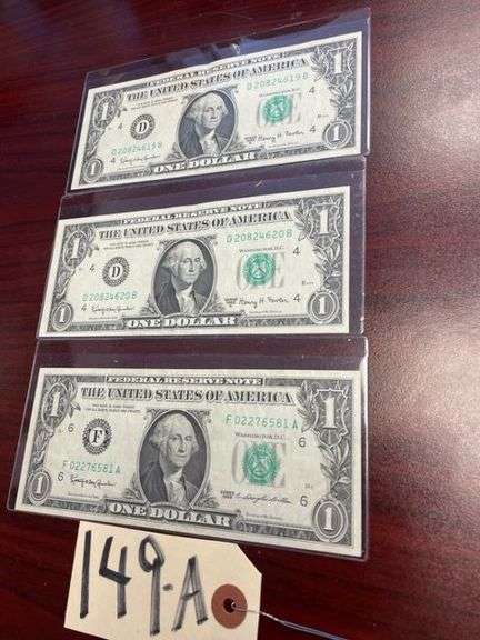 3 1963 DOLLAR BILLS, 2 1963A WITH CONSECUTIVE SERIAL NUMBERS, ONE 1963 ...