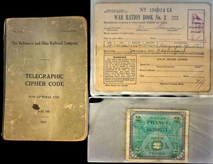 WORLD WAR II WAR RATION BOOK NO. 3 “TELEGRAPH OPERATOR”, 1927 TELEGRAPHIC CIPHER CODE BOOK, 1944 ...
