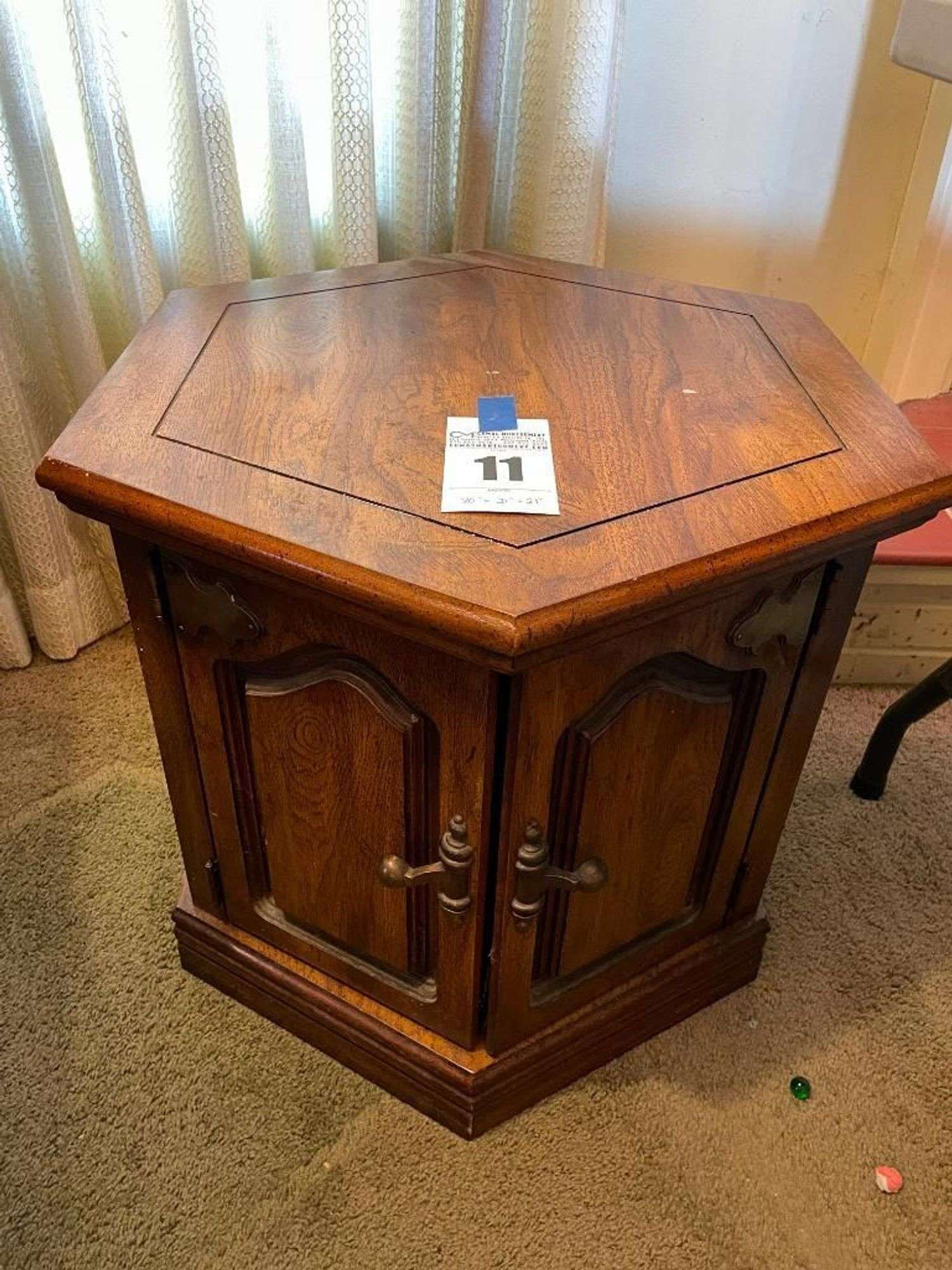Wood Hexagon Side Table w Storage 30 x 21 x 21 Comas Montgomery Realty Auction Co. Inc