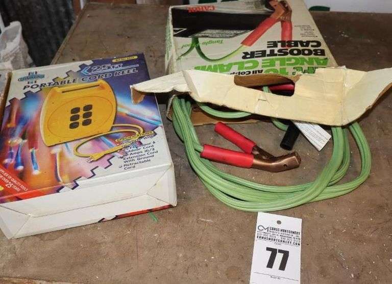 25 foot Portable cord reel (in box) & 12 foot Booster Cables (in box ...