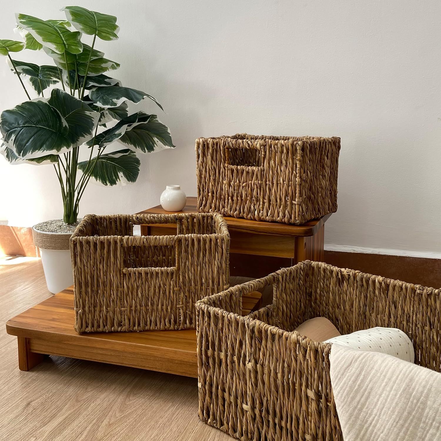 Wicker Basket Set Stackable Storage Bins for Organizing Pantry ...