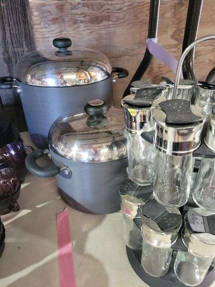 2 Circulon Non Stick Pots and Spice Rack - Burgess Auctions LLC
