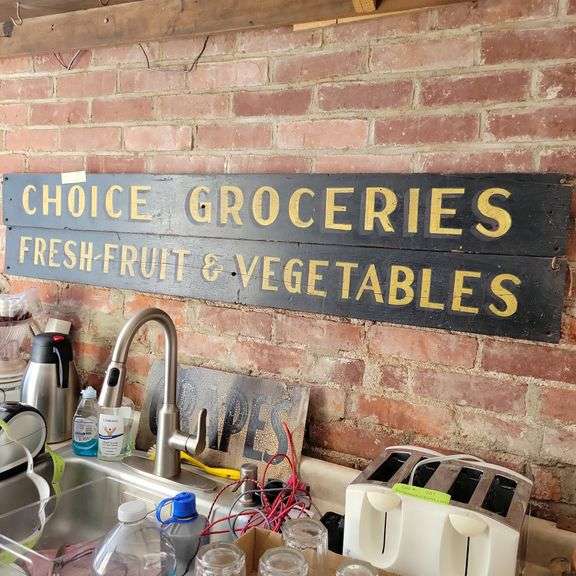 Antique Wooden Hand Painted Grocery Sign, 59"x12" - Burgess Auctions LLC