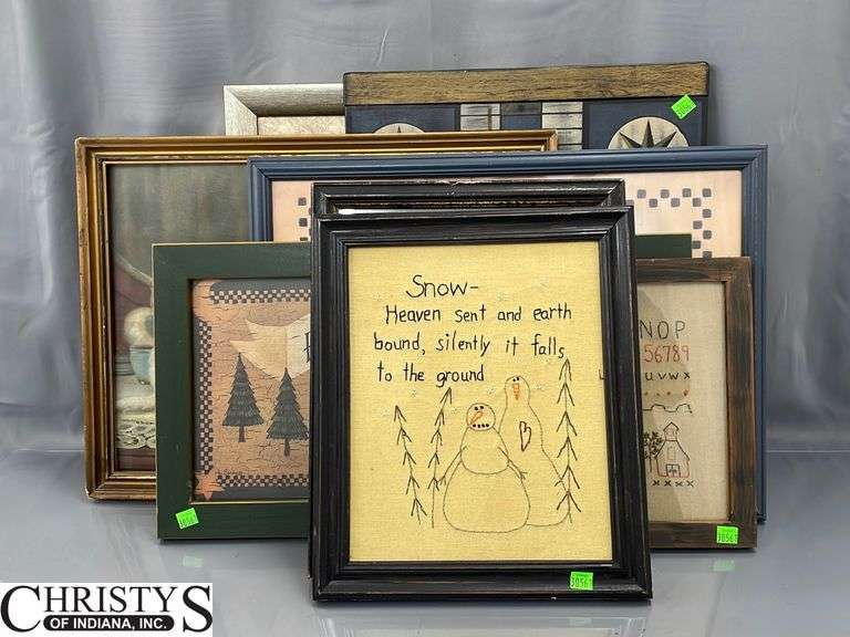 Eight framed pictures/wall decor - largest frame 16"x21", needlepoint ...