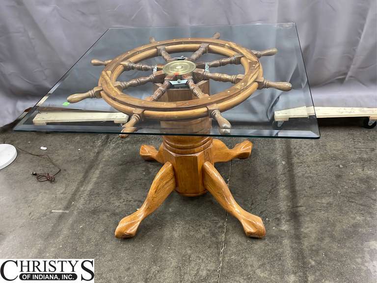 Glass Top Nautical Ship Wheel Table 38x38x27 - Christys