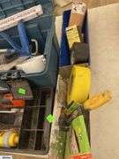 Tool box with various tools, sand paper, drill bits, putty knives ...