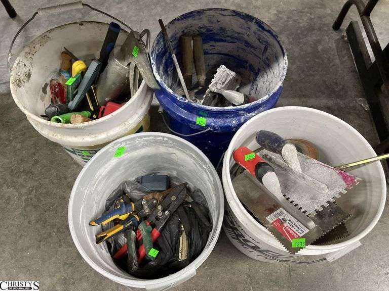 4 Work Buckets With Drywall Tools, Hand Tools - Christys