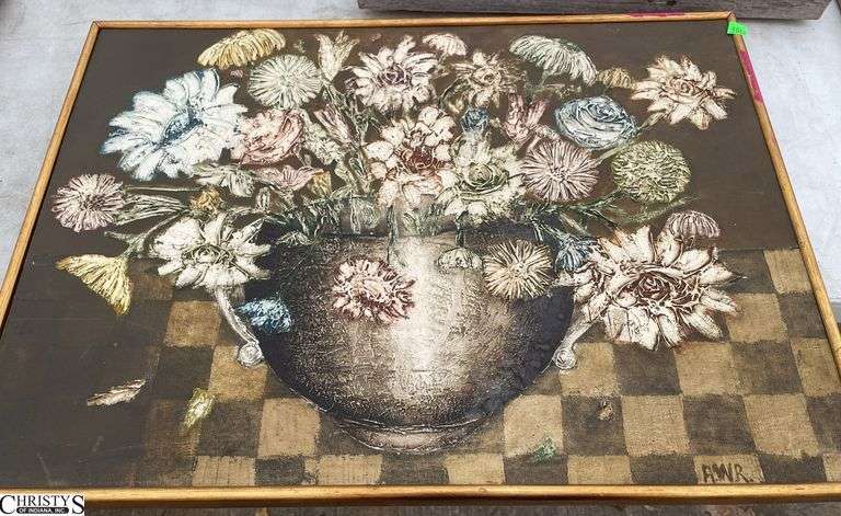 Raised Paint Floral Picture Initialed AWR - Christys