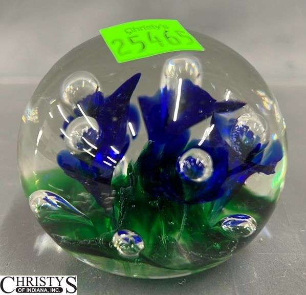 Joe St Clair Etched Floral Art Glass Paperweight - Christys