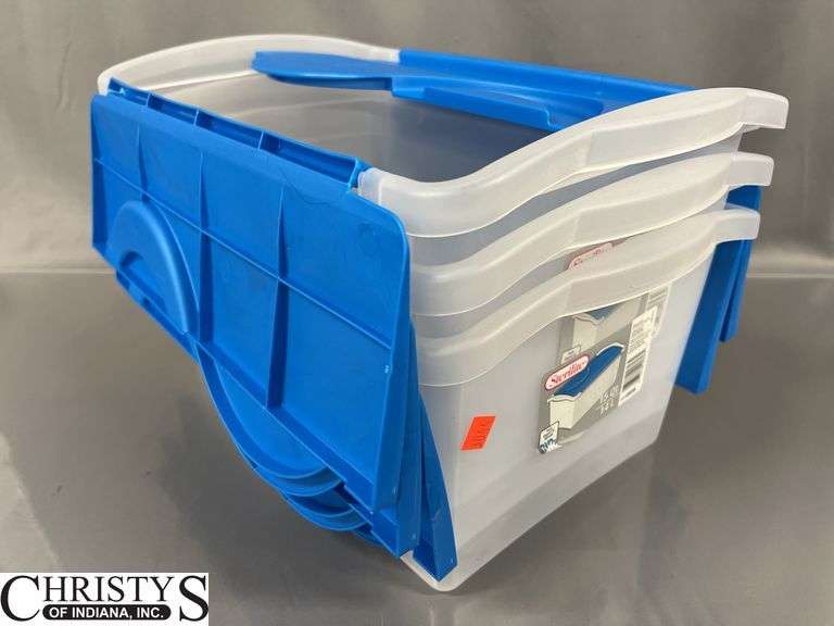 4 Empty Totes, 1 Sterilte 32qt Gasket Box, and 3 Smaller 16qt Flip top ...