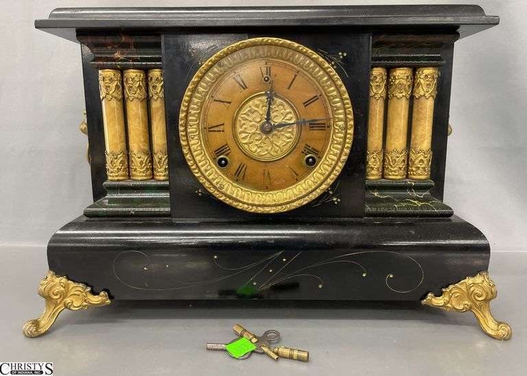 Gilbert Clock Co. Column Style Mantle Clock with Key, Has Some Wear 15. ...