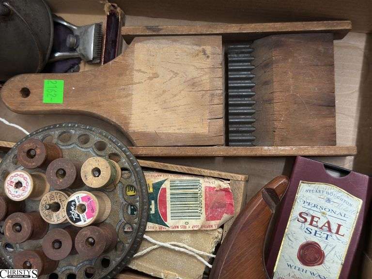 Primitive Accessories, Thread Spool Holder, Twine Bucket, Cast Iron Pan ...