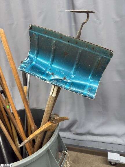 Trash Can With Long Handle Tools, Shovels, Post Hole Digger, Rakes ...