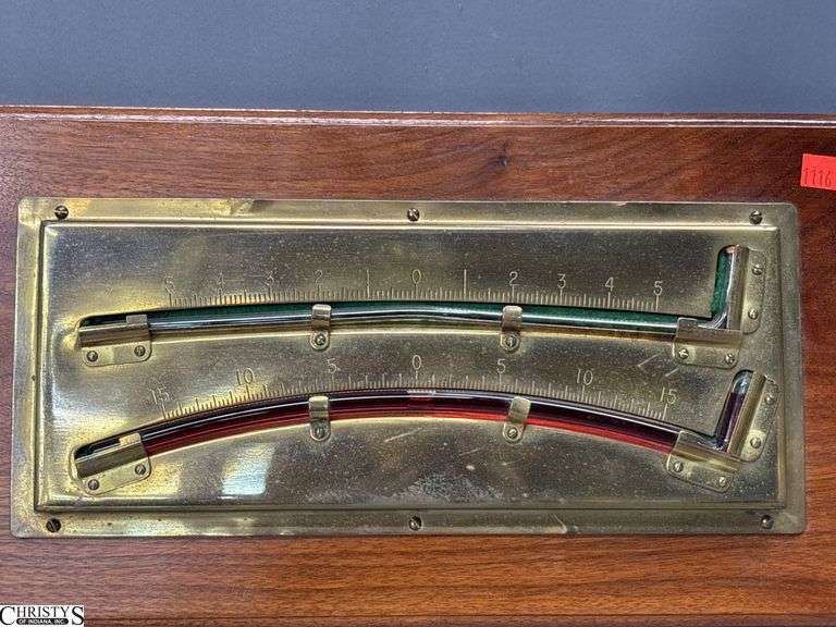 Antique Double Gauge Ships Brass Clinometer - 19" x 10" of wood plaque ...