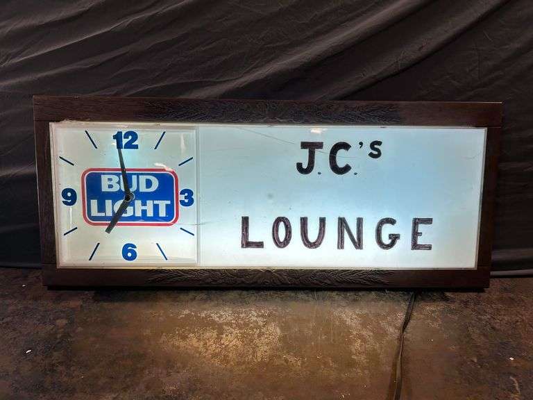 JC's Lounge Lighted Clock Sign - Iron Horse Auction Company