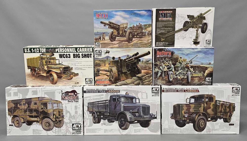 Eight unbuilt AFV Club 1/35 scale mixed armor and artillery model kits ...